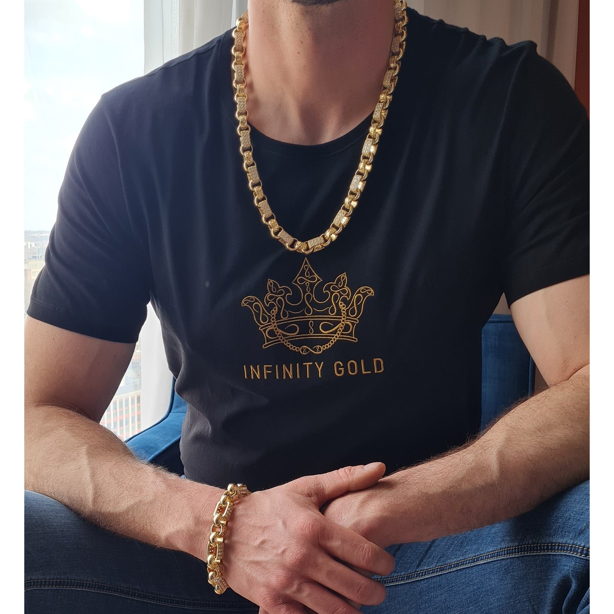 13mm CZ Gypsy Style Belcher Bracelet And Chain Set – INFINITY GOLD UK